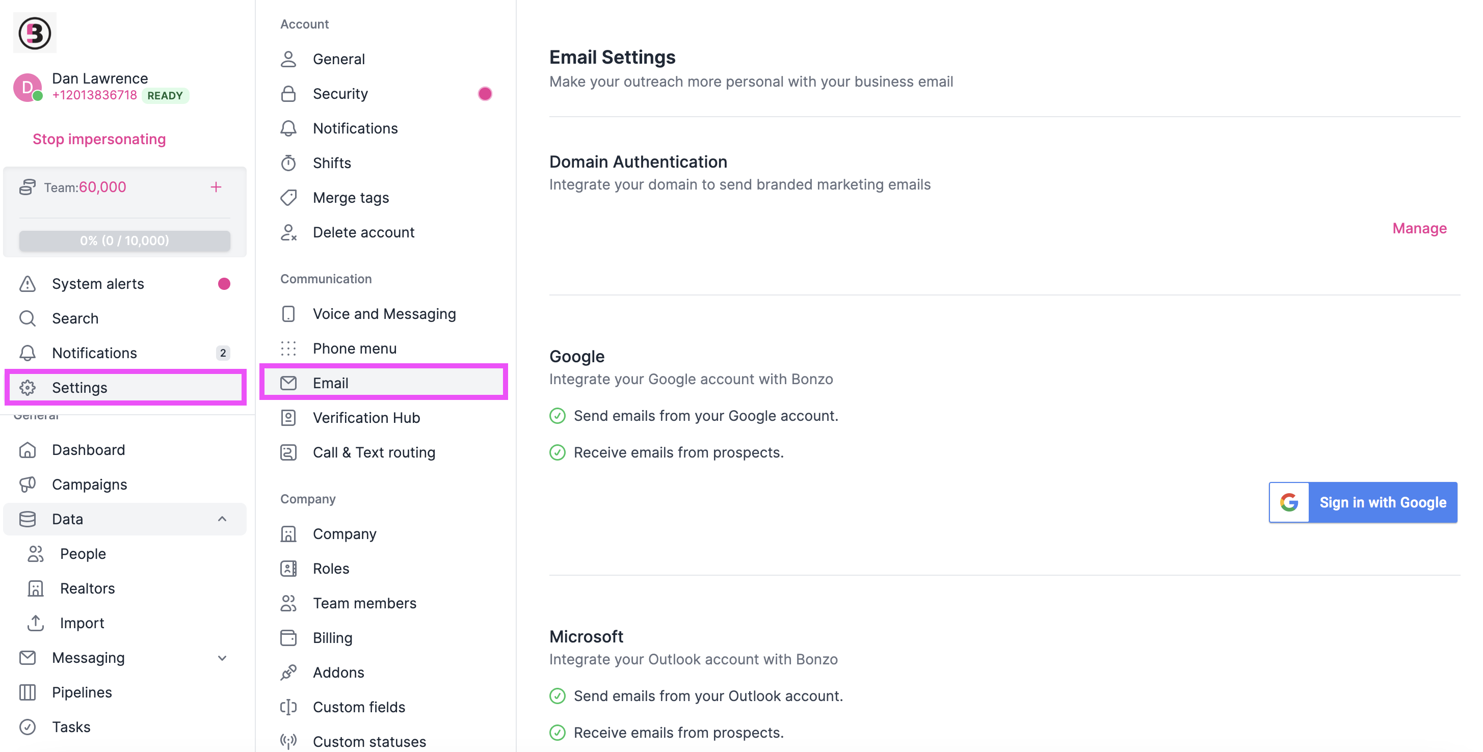Communication Settings – Bonzo