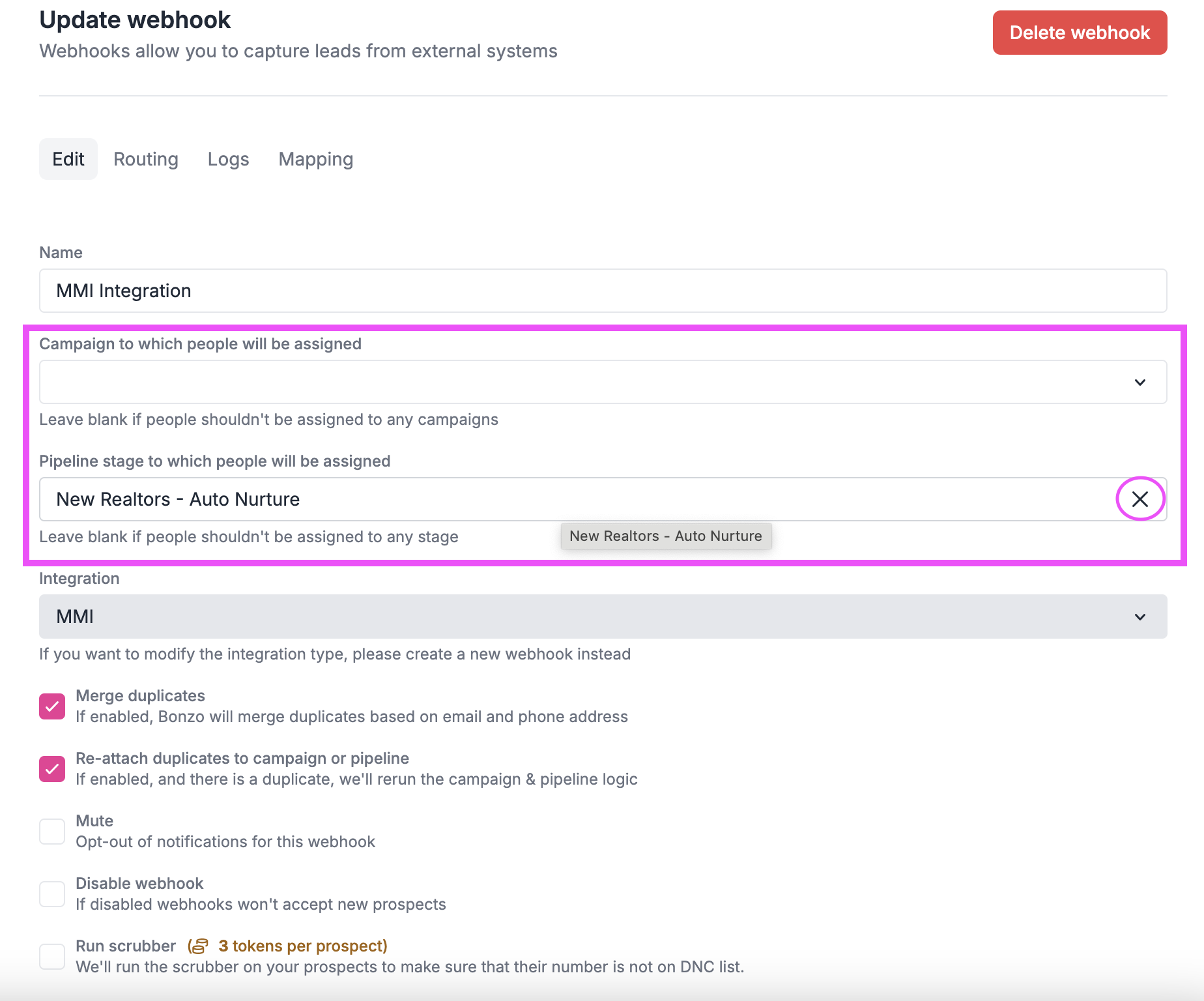 Integrations: MMI Enhanced Webhook – Bonzo