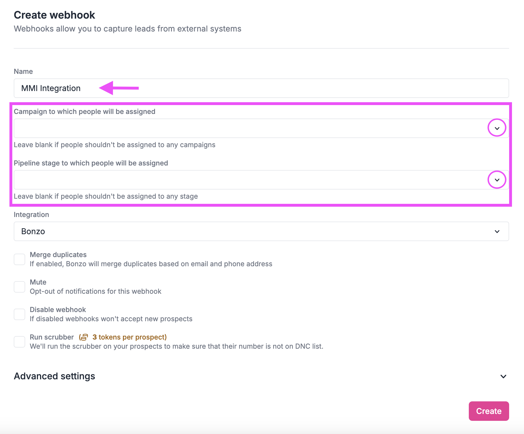 Integrations: MMI Enhanced Webhook – Bonzo