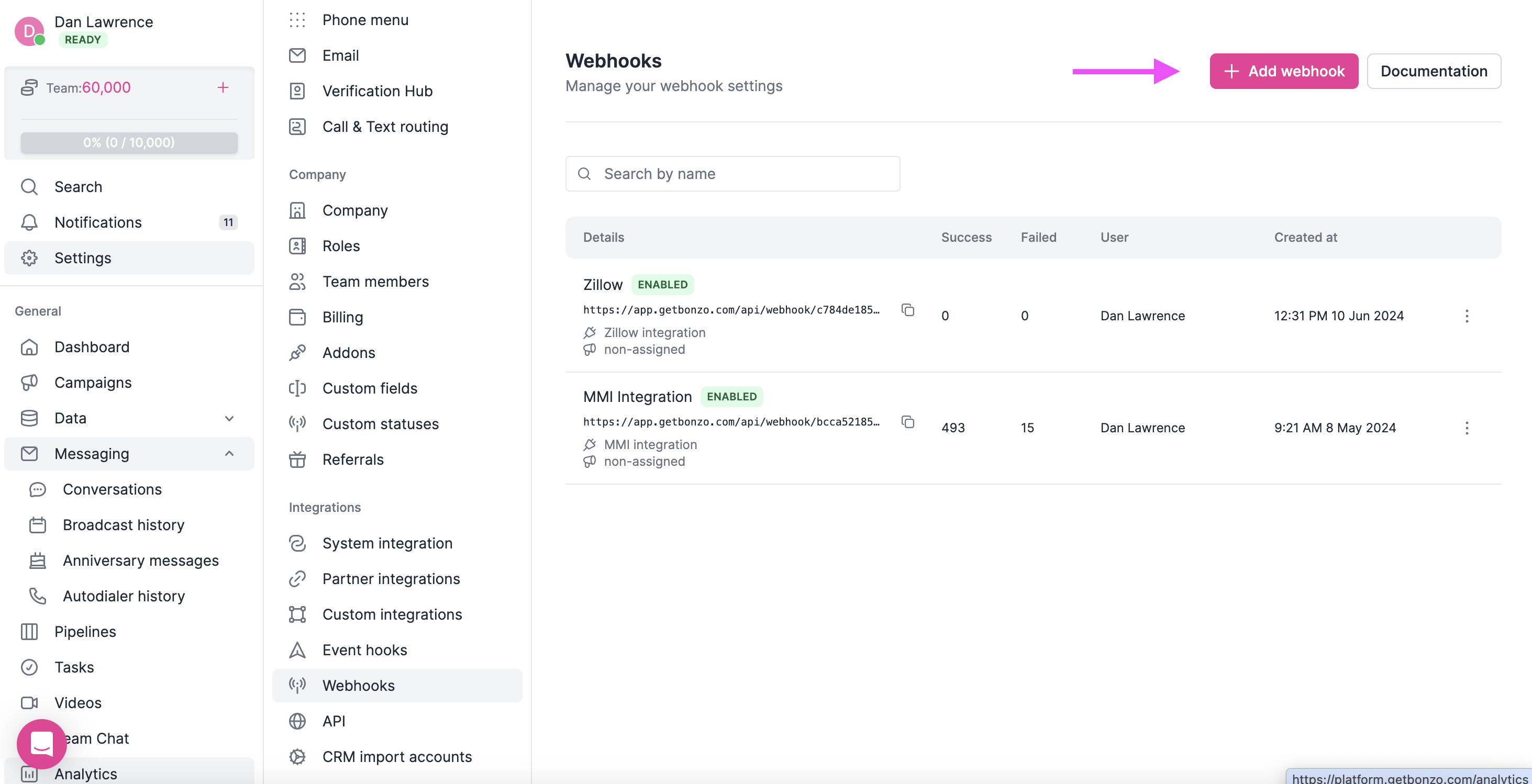 Integrations: RETR Webhook – Bonzo