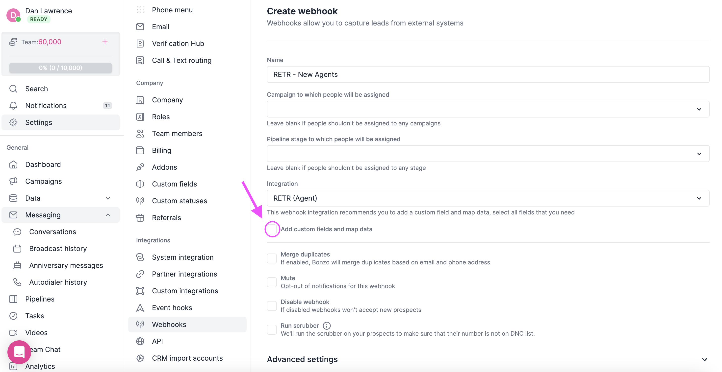 Integrations: RETR Webhook – Bonzo