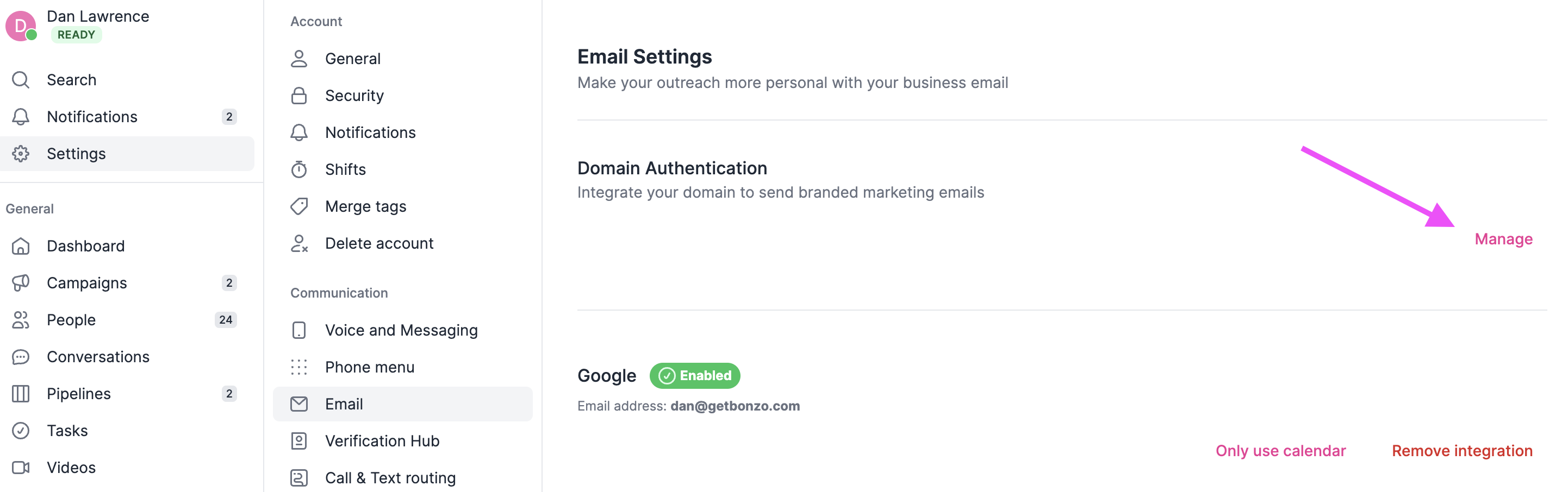 Communication Settings: Domain Authentication – Bonzo