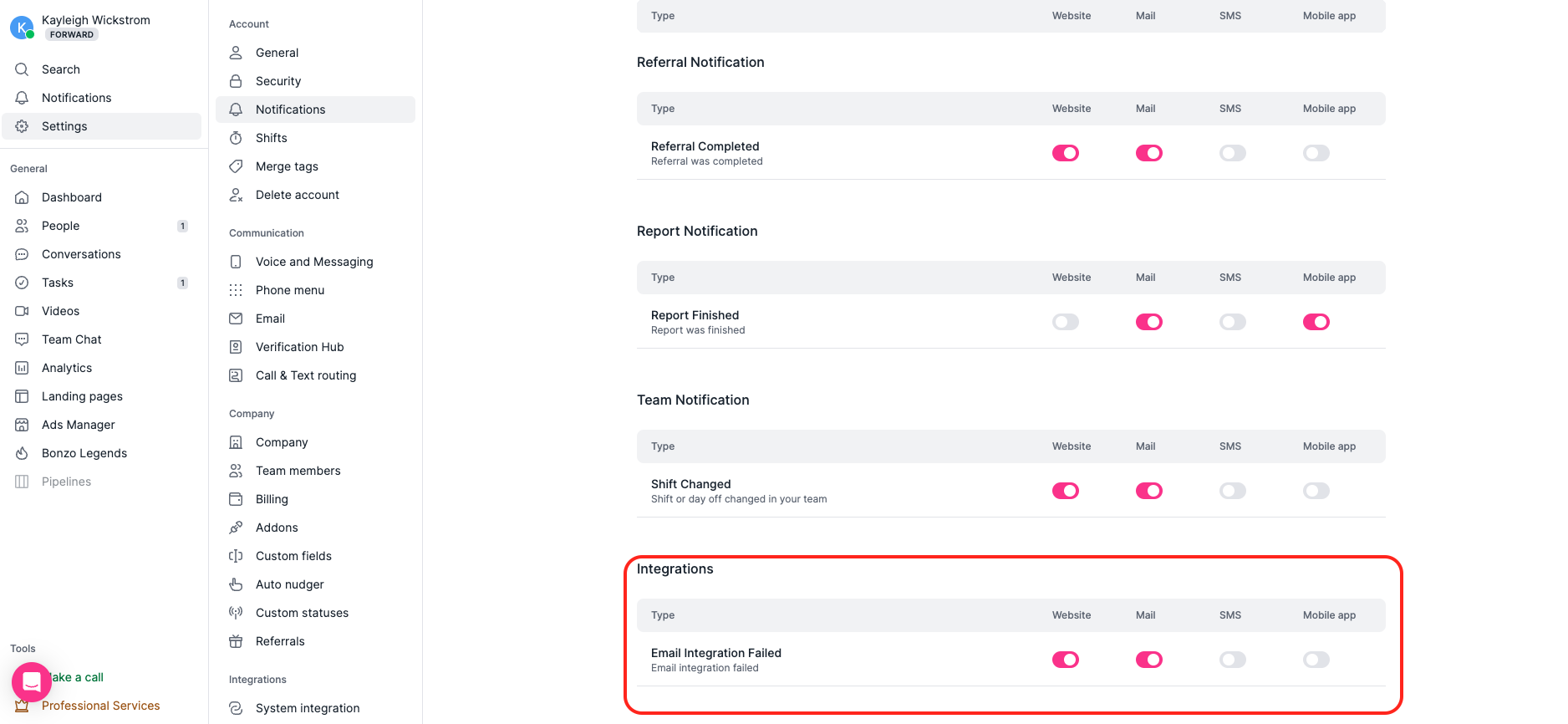Email Integration Status Notifications – Bonzo