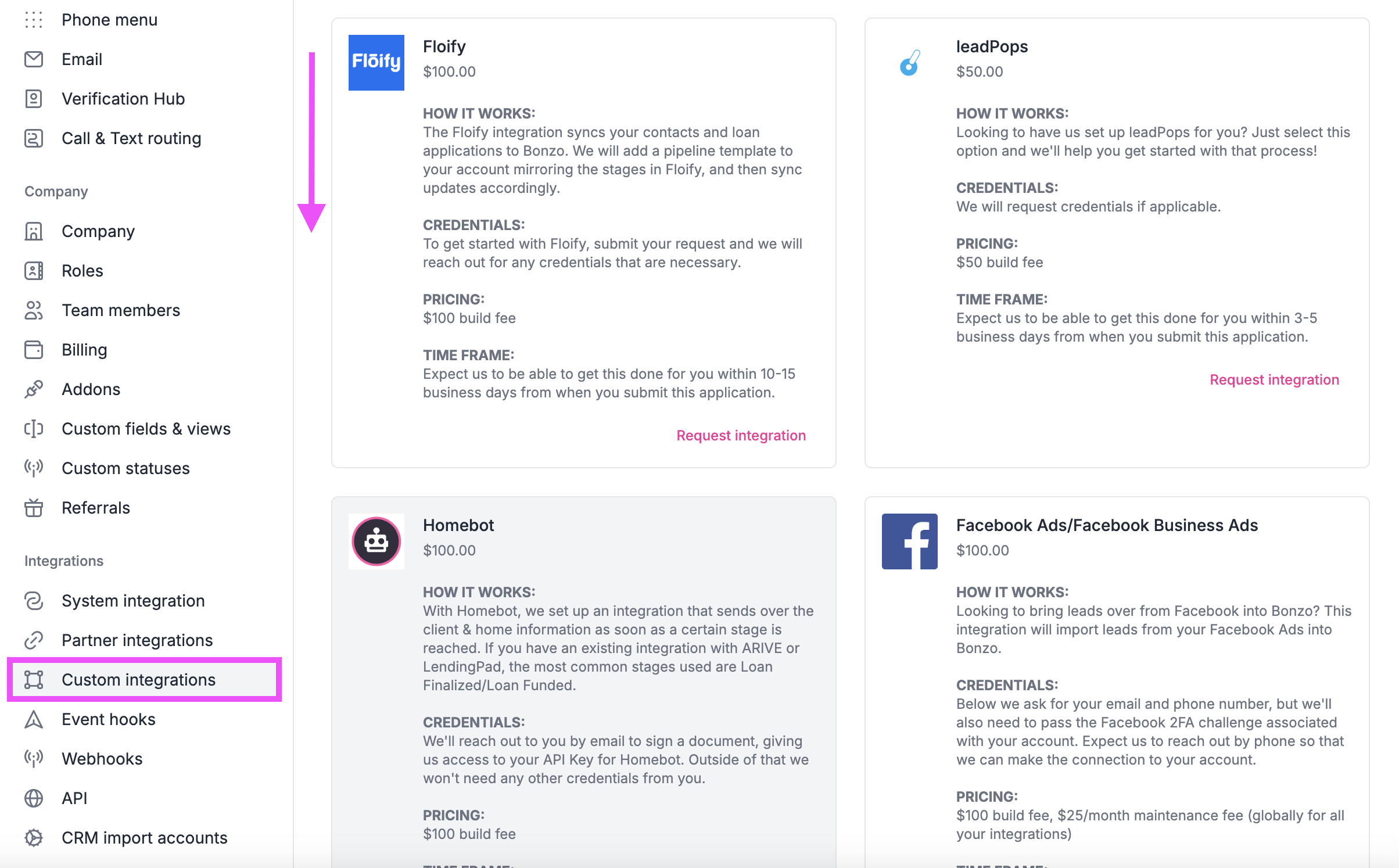Integration Requests – Bonzo